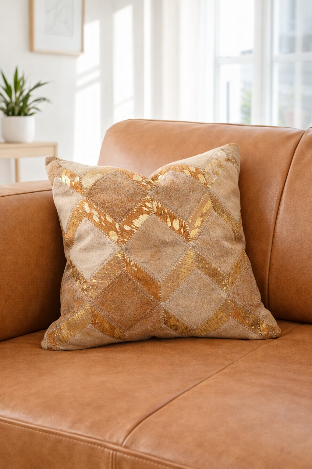 Gold Check Cowhide Leather Cushion Cover | Melbourne Leather Co