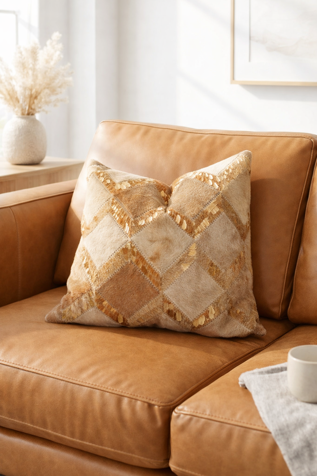 Gold Check Cowhide Leather Cushion Cover | Melbourne Leather Co