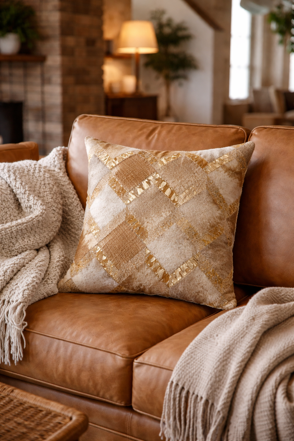 Gold Check Cowhide Leather Cushion Cover | Melbourne Leather Co